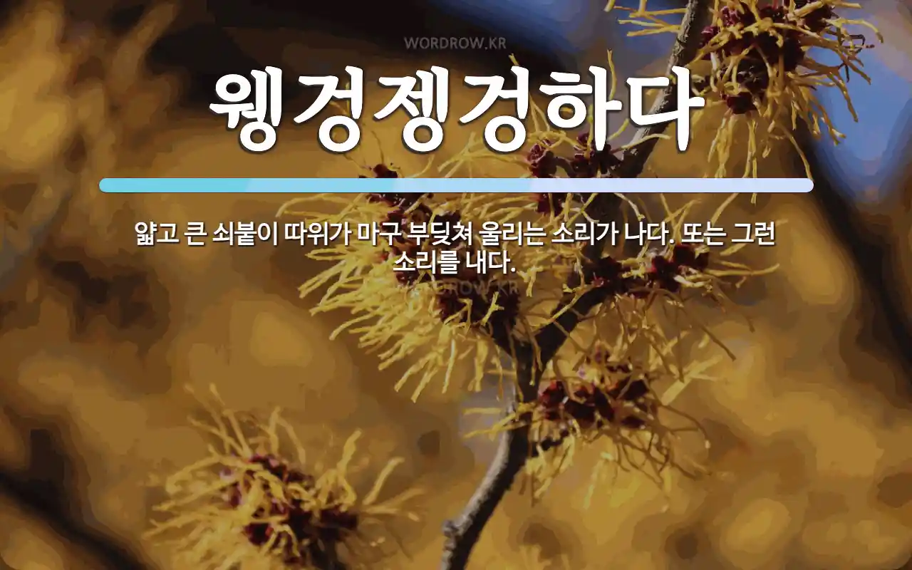 웽겅젱겅하다 뜻 얇고 큰 쇠붙이 따위가 마구 부딪쳐 울리는 소리가 나다 또는 그런 소리를 내다