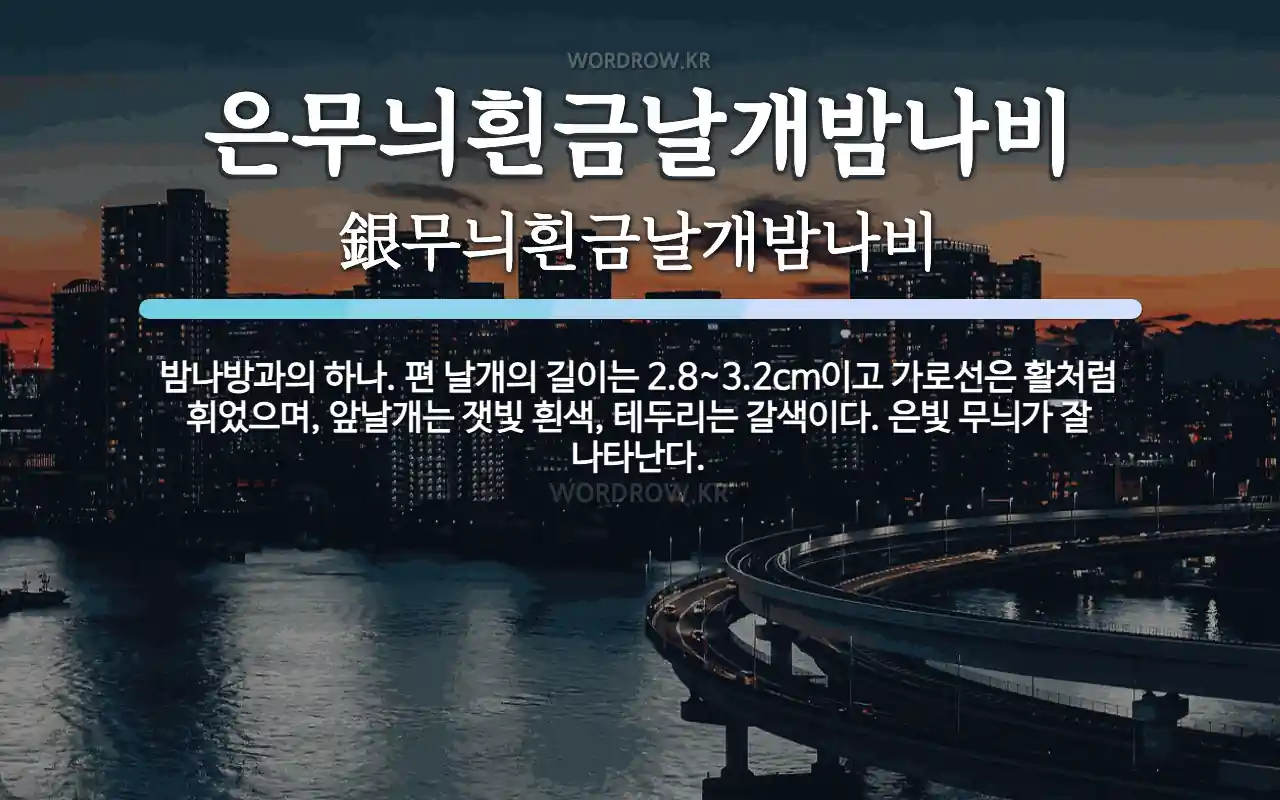 은무늬흰금날개밤나비 뜻 밤나방과의 하나 편 날개의 길이는 28~32cm이고 가로선은 활처럼 휘었으며 앞날개
