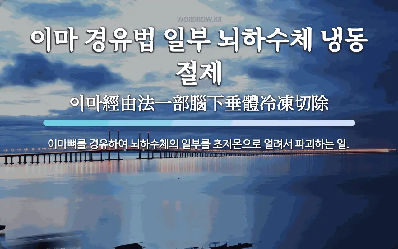 이마 경유법 일부 뇌하수체 냉동 절제 뜻 이마뼈를 경유하여 뇌하수체의 일부를 초저온으로 얼려서 파괴하는 일