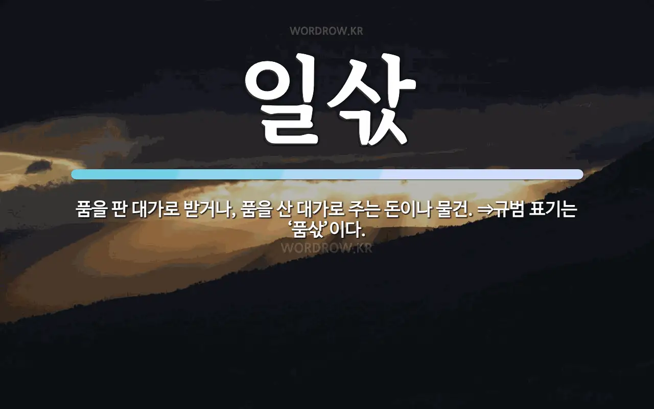 일삯 뜻 품을 판 대가로 받거나 품을 산 대가로 주는 돈이나 물건 ⇒규범 표기는 ‘품삯이다