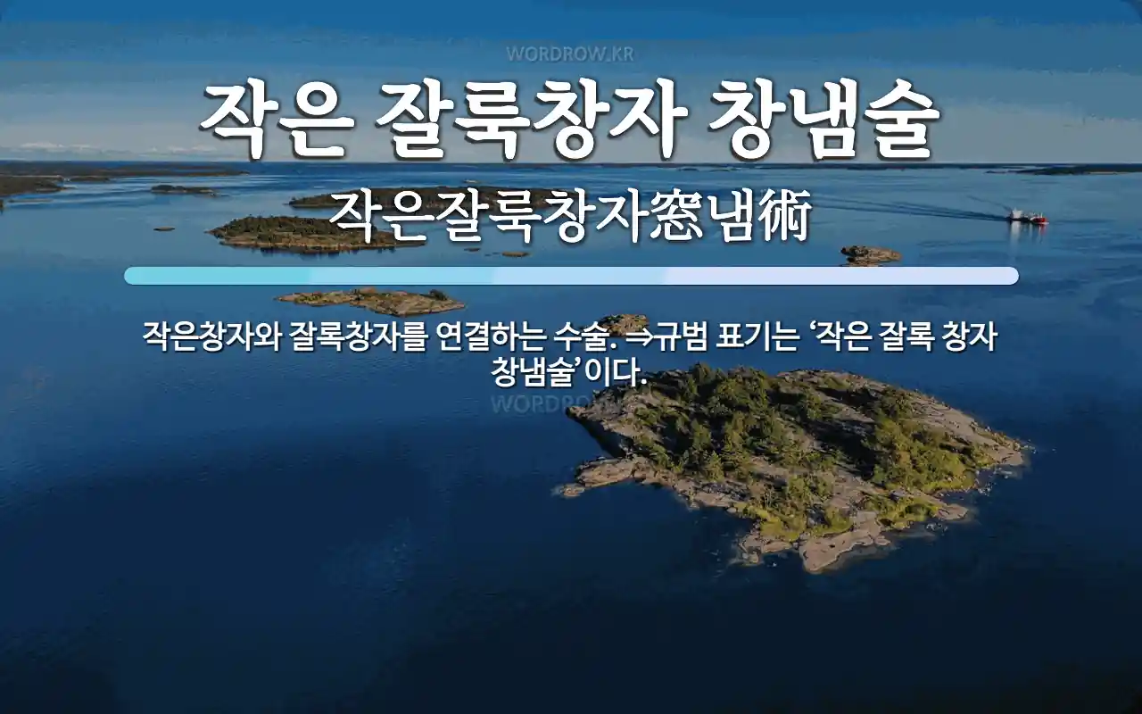 작은 잘룩창자 창냄술 뜻 작은창자와 잘록창자를 연결하는 수술 ⇒규범 표기는 ‘작은 잘록 창자 창냄술이다
