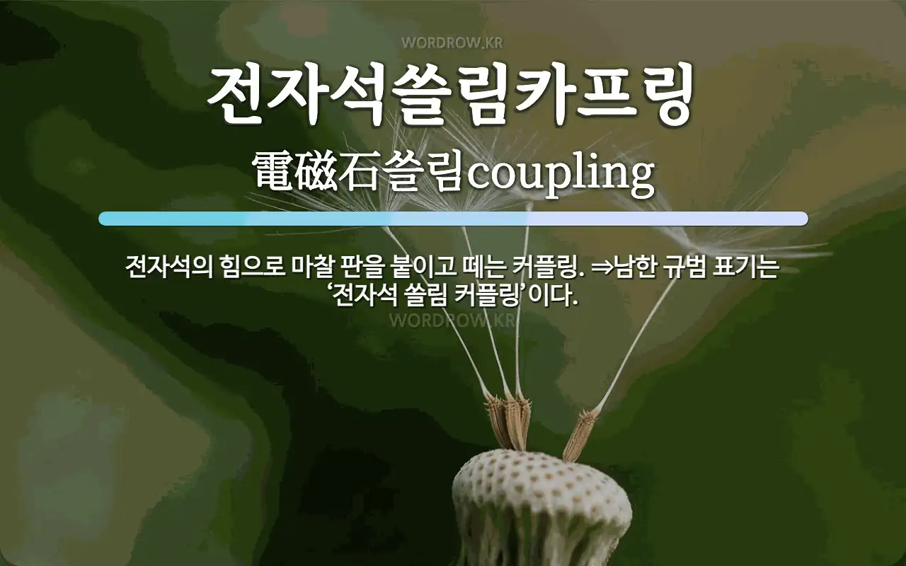 전자석쓸림카프링 뜻 전자석의 힘으로 마찰 판을 붙이고 떼는 커플링 ⇒남한 규범 표기는 ‘전자석 쓸림 커플링