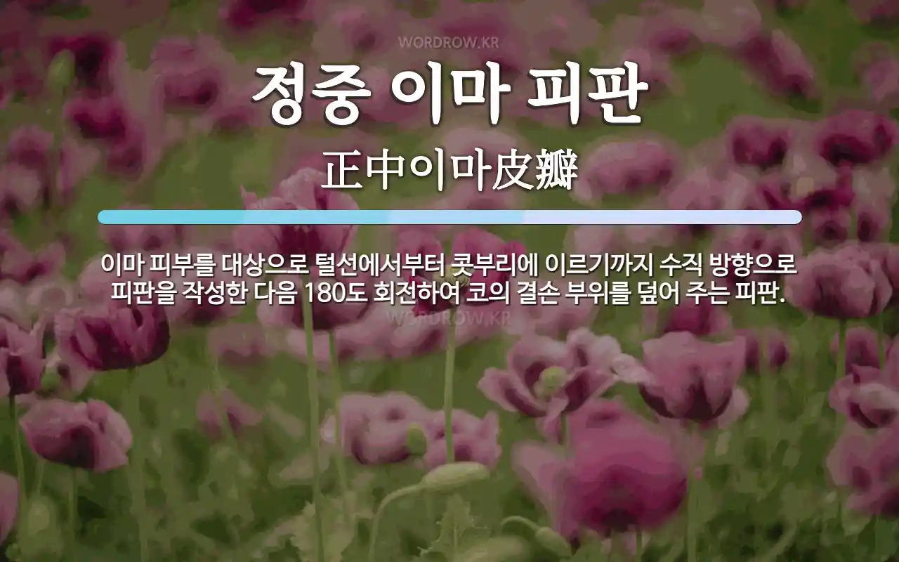 정중 이마 피판 뜻 이마 피부를 대상으로 털선에서부터 콧부리에 이르기까지 수직 방향으로 피판을 작성한 다음 1