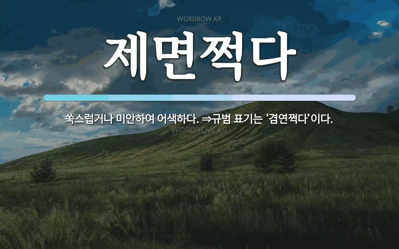 제면쩍다 뜻 쑥스럽거나 미안하여 어색하다 ⇒규범 표기는 ‘겸연쩍다이다