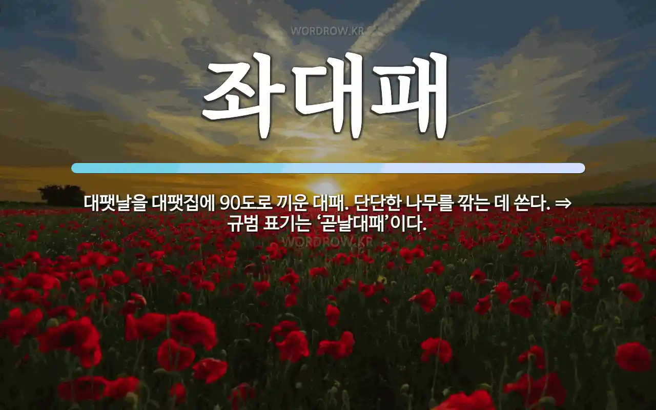 좌대패 뜻 대팻날을 대팻집에 90도로 끼운 대패 단단한 나무를 깎는 데 쓴다 ⇒규범 표기는 ‘곧날