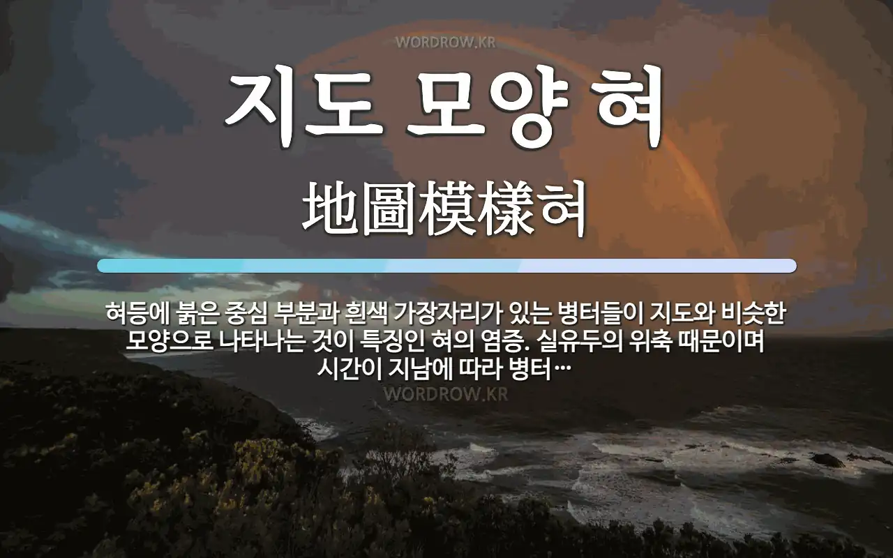 지도 모양 혀 뜻 혀등에 붉은 중심 부분과 흰색 가장자리가 있는 병터들이 지도와 비슷한 모양으로 나타나는 것