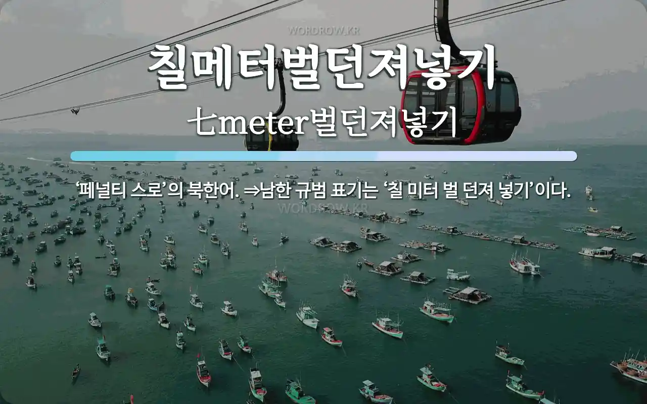 칠메터벌던져넣기 뜻 ‘페널티 스로의 북한어 ⇒남한 규범 표기는 ‘칠 미터 벌 던져 넣기이다