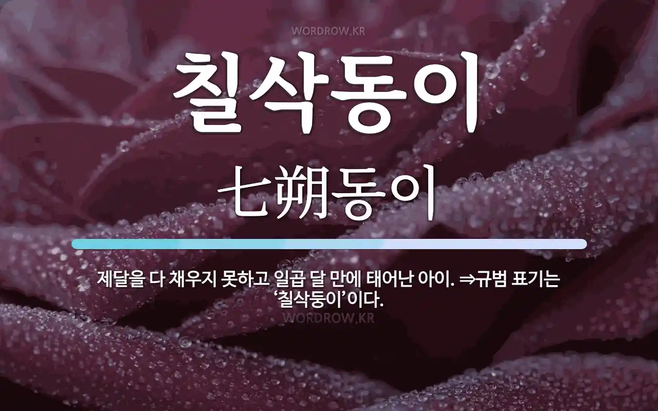 칠삭동이 뜻 제달을 다 채우지 못하고 일곱 달 만에 태어난 아이 ⇒규범 표기는 ‘칠삭둥이이다