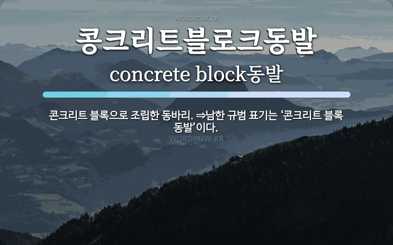 콩크리트블로크동발 뜻 콘크리트 블록으로 조립한 동바리 ⇒남한 규범 표기는 ‘콘크리트 블록 동발이다