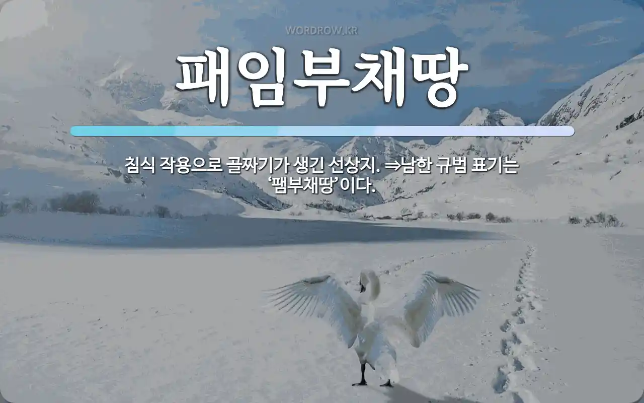 패임부채땅 뜻 침식 작용으로 골짜기가 생긴 선상지 ⇒남한 규범 표기는 ‘팸부채땅이다