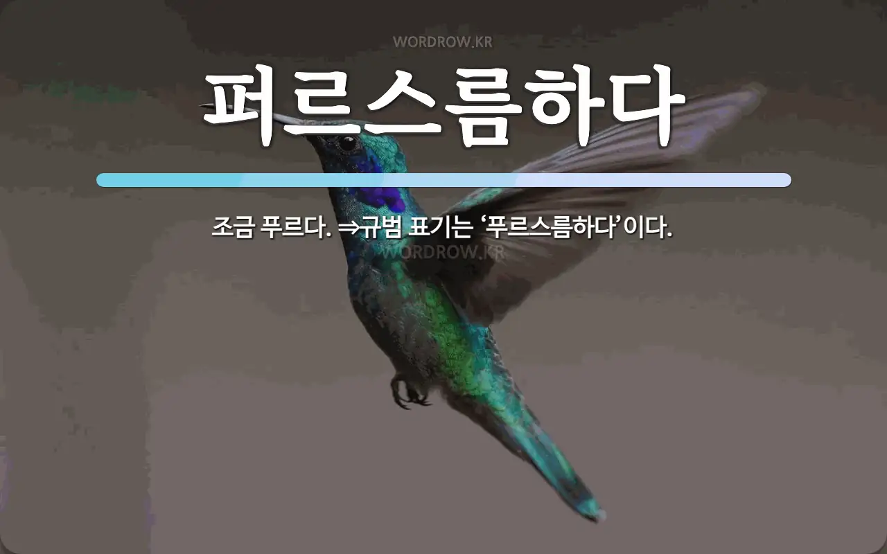 퍼르스름하다 뜻 조금 푸르다 ⇒규범 표기는 ‘푸르스름하다이다