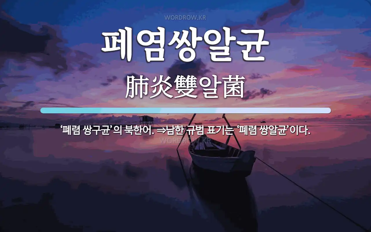 페염쌍알균 뜻 ‘폐렴 쌍구균의 북한어 ⇒남한 규범 표기는 ‘폐렴 쌍알균이다