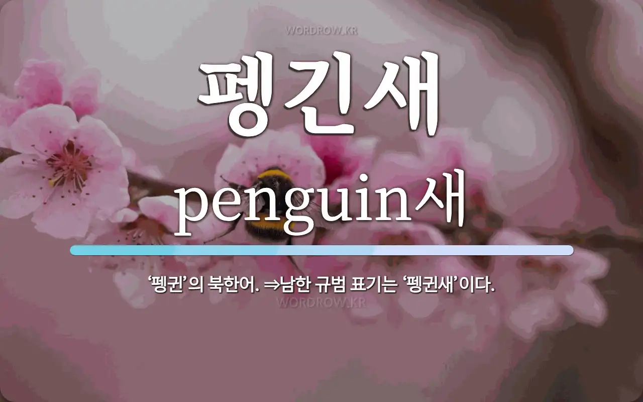 펭긴새 뜻 ‘펭귄의 북한어 ⇒남한 규범 표기는 ‘펭귄새이다