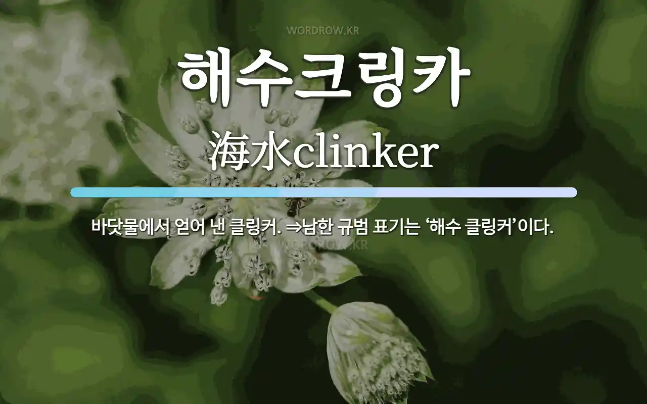 해수크링카 뜻 바닷물에서 얻어 낸 클링커 ⇒남한 규범 표기는 ‘해수 클링커이다