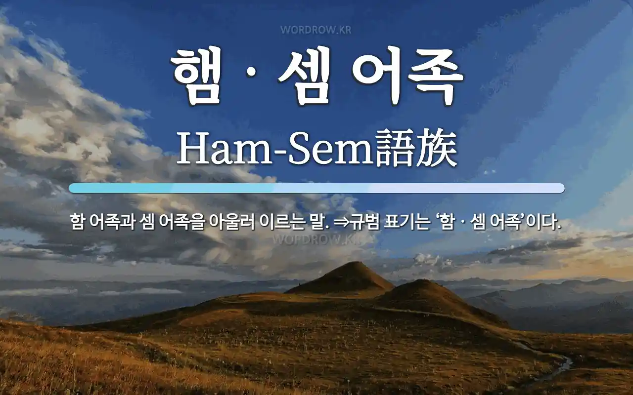 햄ㆍ셈 어족 뜻 함 어족과 셈 어족을 아울러 이르는 말 ⇒규범 표기는 ‘함ㆍ셈 어족이다