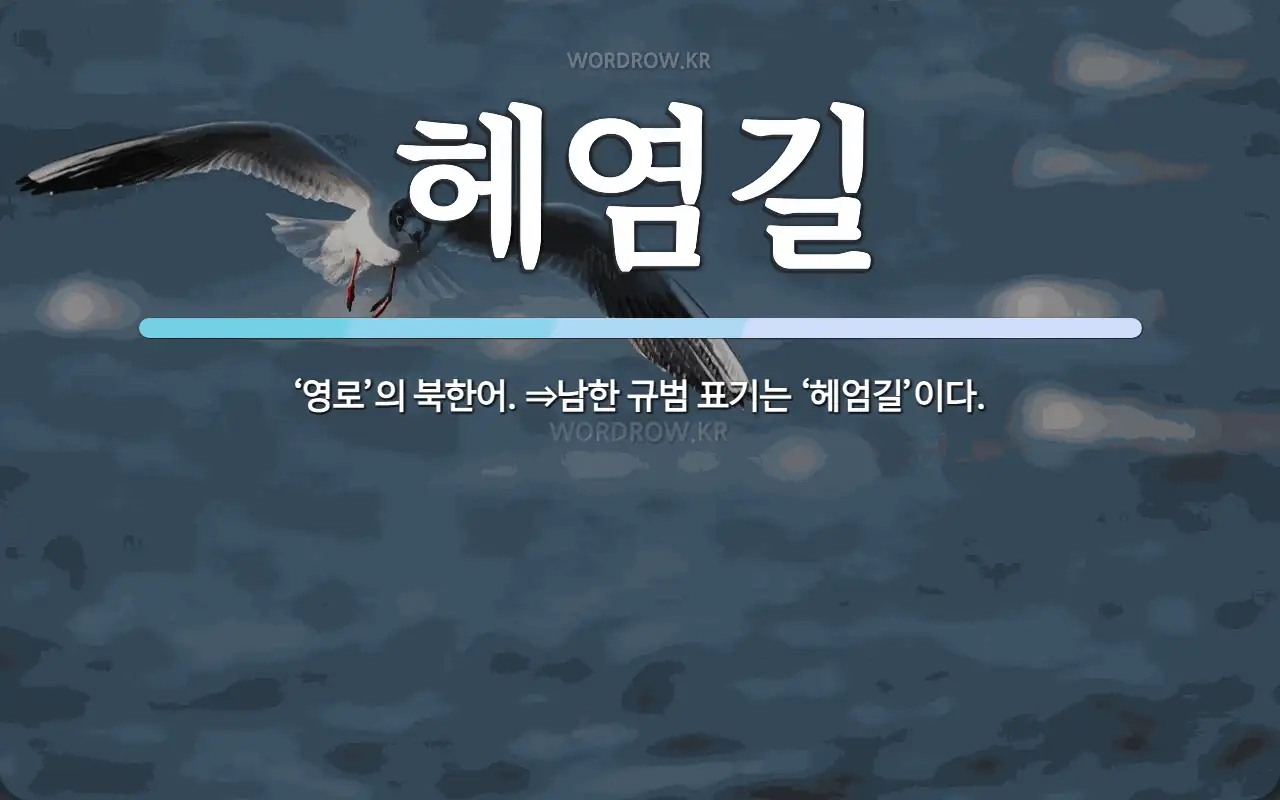 헤염길 뜻 ‘영로의 북한어 ⇒남한 규범 표기는 ‘헤엄길이다