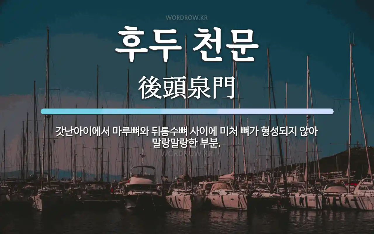 후두 천문 뜻 갓난아이에서 마루뼈와 뒤통수뼈 사이에 미처 뼈가 형성되지 않아 말랑말랑한 부분