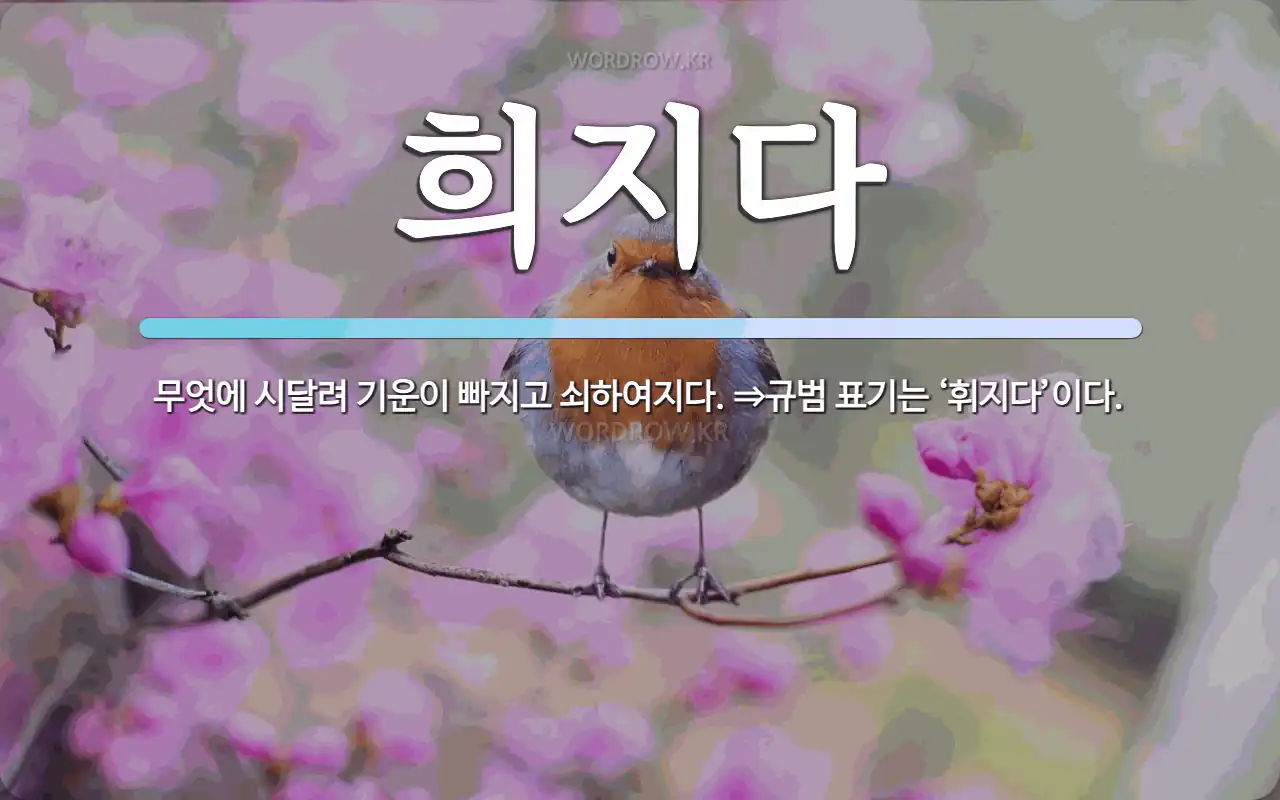 희지다 뜻 무엇에 시달려 기운이 빠지고 쇠하여지다 ⇒규범 표기는 ‘휘지다이다